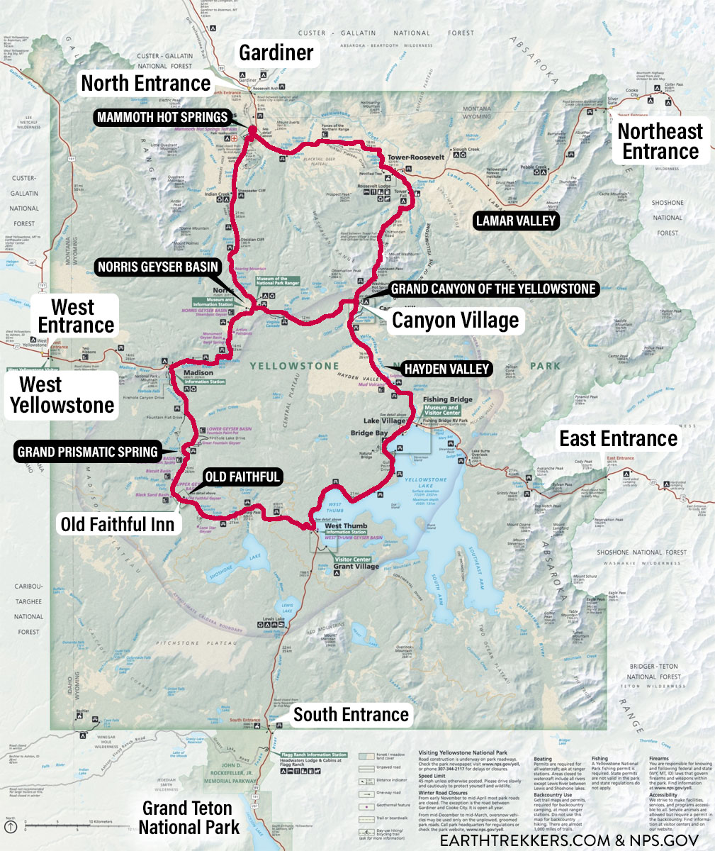 Map Points Of Interest Yellowstone Map Of Yellowstone Region Showing